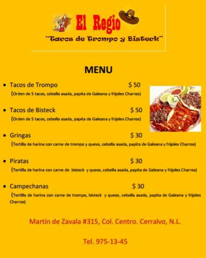 Menu at El Regio Tacos de Trompo y Bisteck restaurant, Cerralvo ...