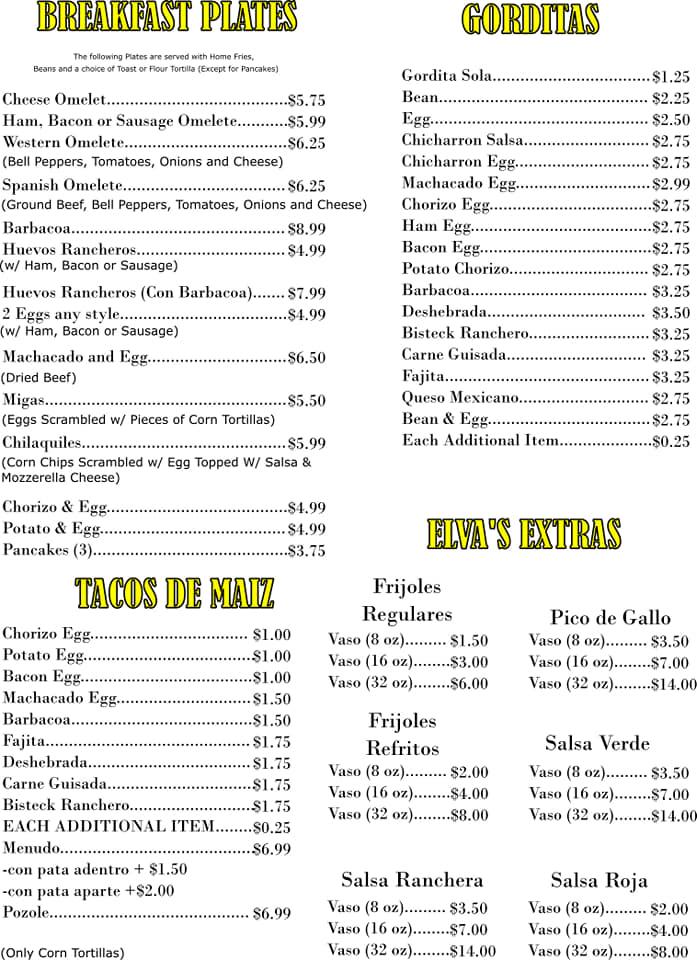 Menu at Elva's restaurant, Los Fresnos, 680 E Ocean Blvd