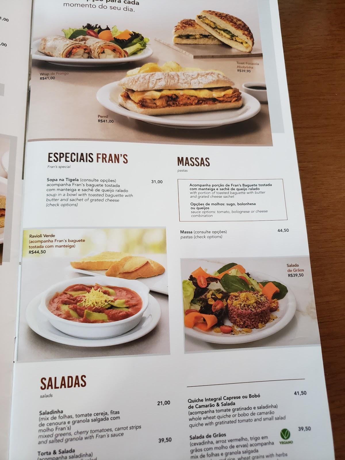 Menu em Fran's Café, Belém