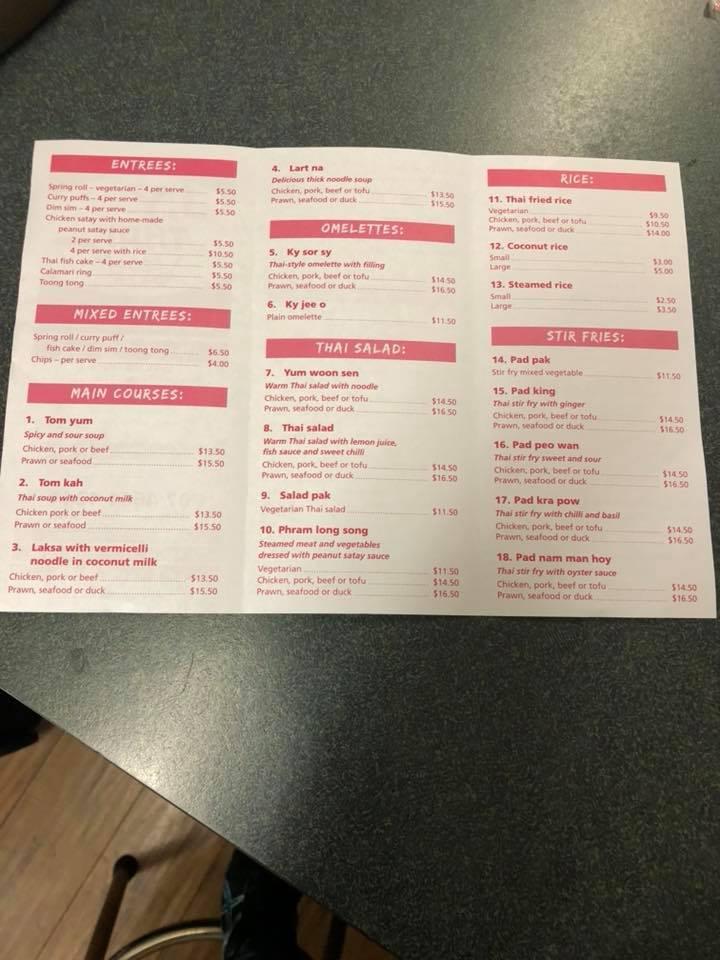 Menu at J.Y Thai restaurant, Warwick