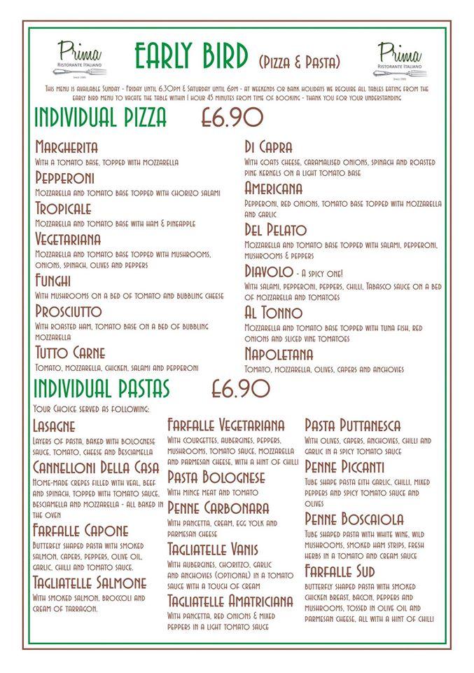 Menu at Prima Pizzeria, Ripon