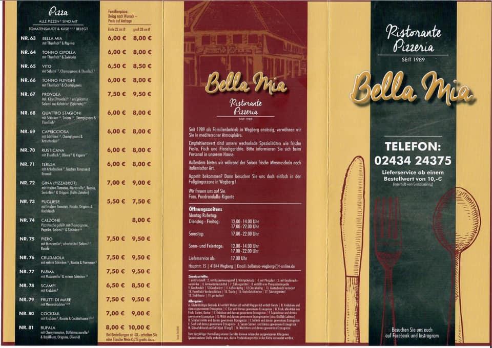 Speisekarte von Ristorante - Pizzeria Bella Mia, Wegberg