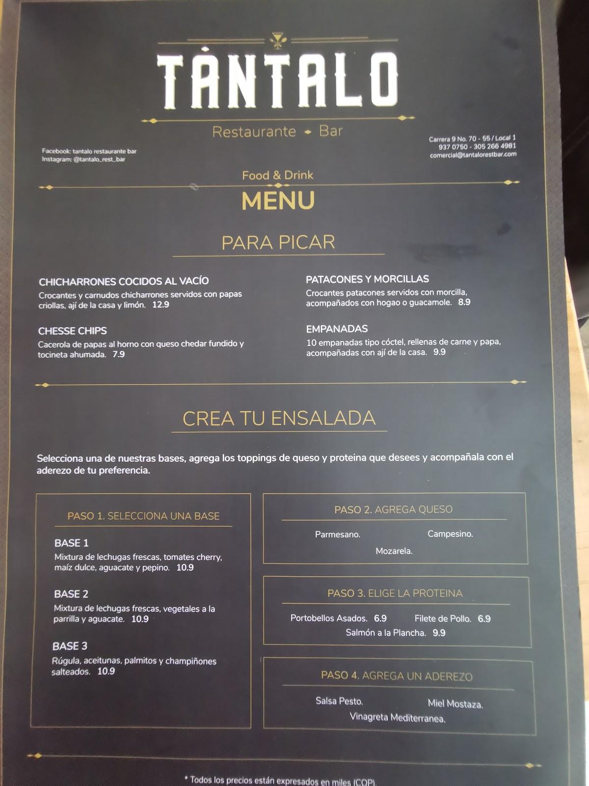 Menu at Tantalo restaurant, Bogotá