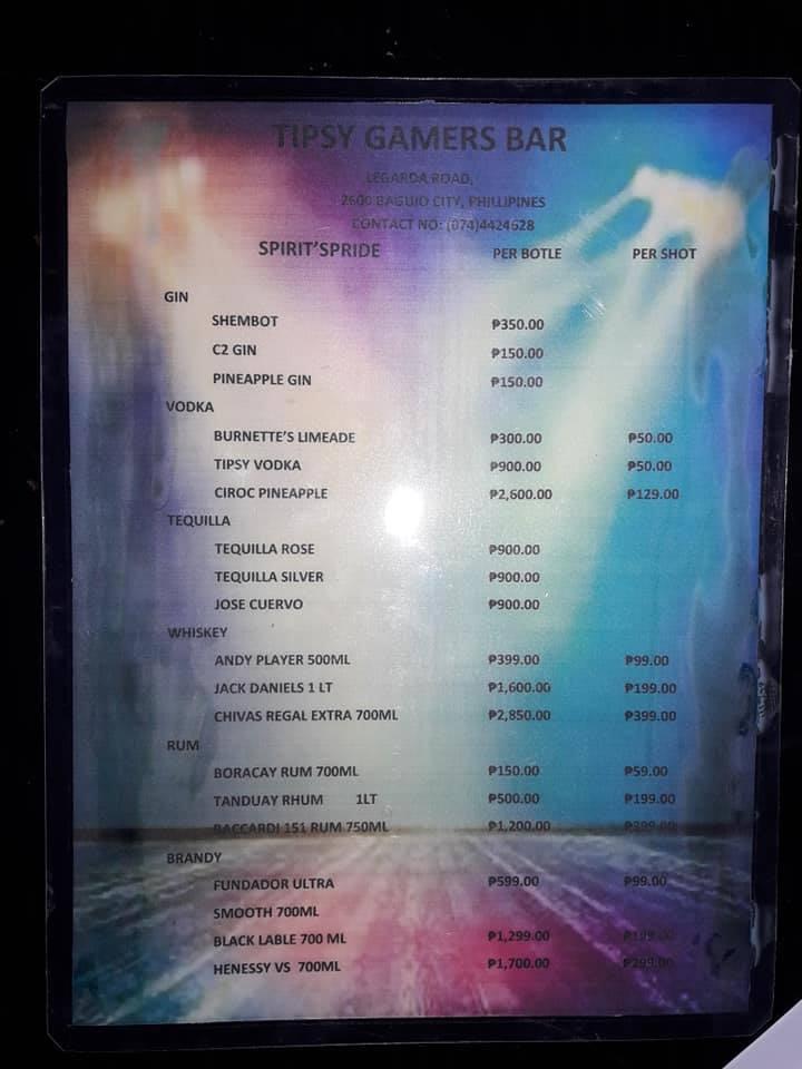 Menu at Tipsy Gamer's Bar, Baguio