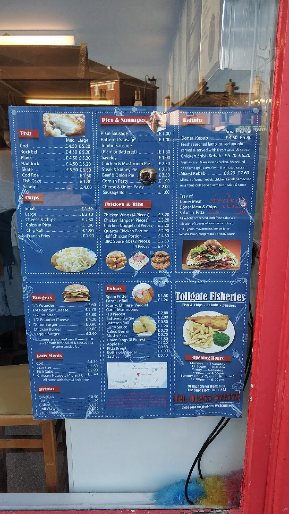 Menu at Tollgate Fisheries fast food, Walton on the Naze