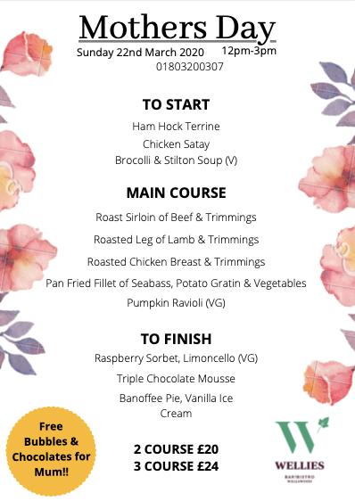 Menu at Wellies restaurant, Torquay