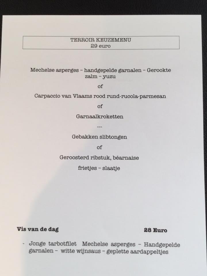 Menu at Brasserie Terroir, Blankenberge