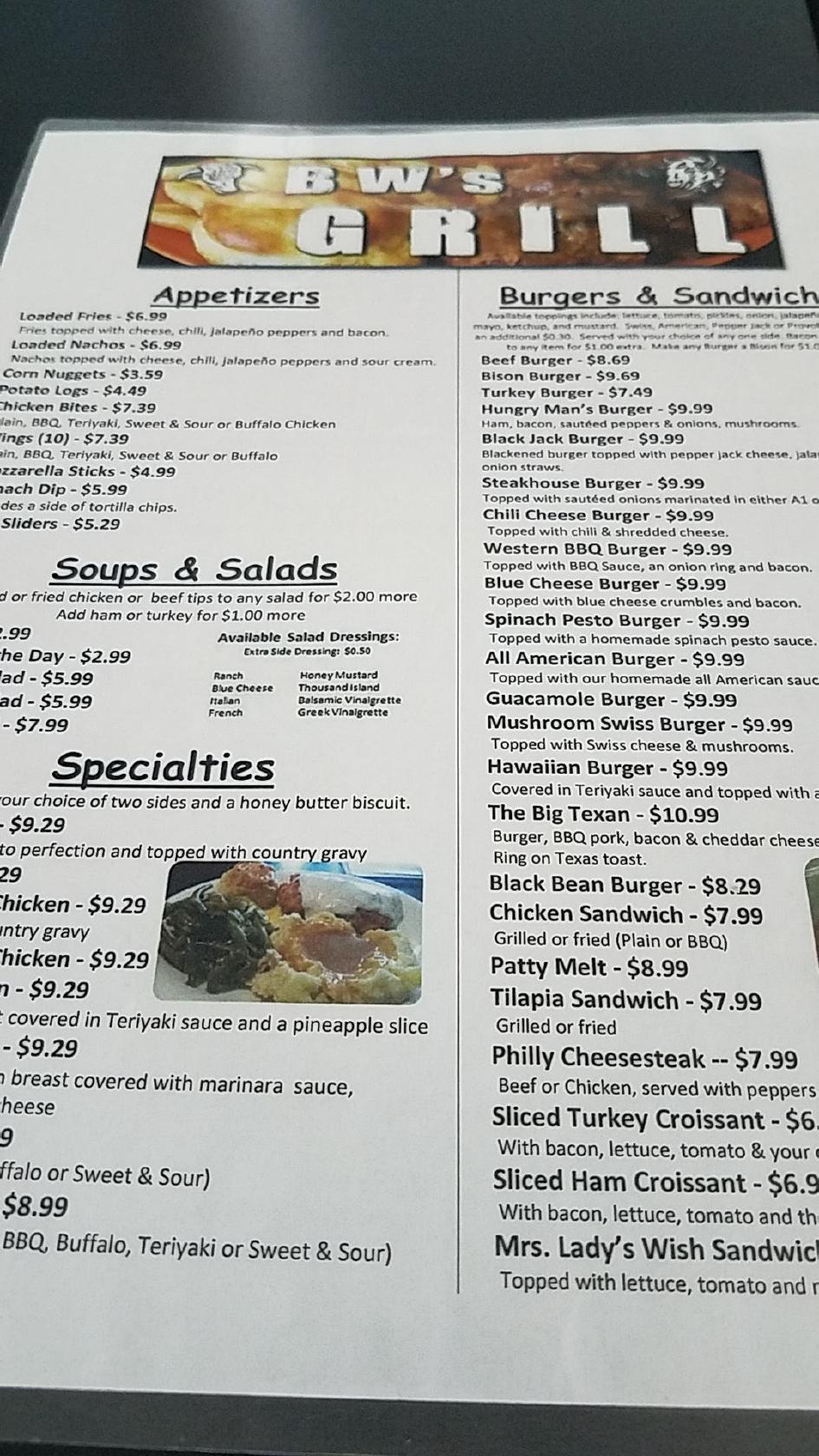 Menu at BW's Grill restaurant, Crawfordville