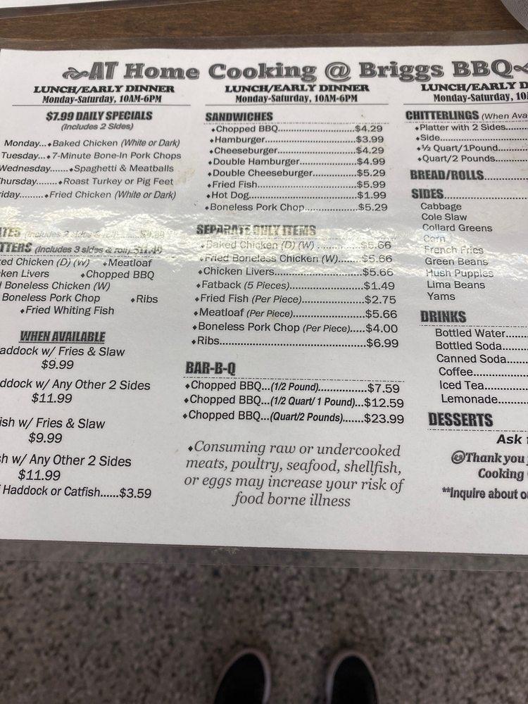 Menu at Briggs Bar-B-Que & Grill, Yanceyville, 989 E Main St