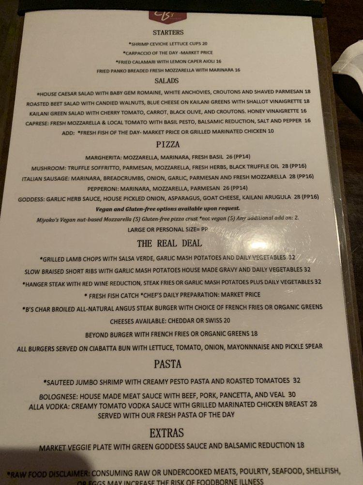 Menu at B’s Kitchen pizzeria, Princeville