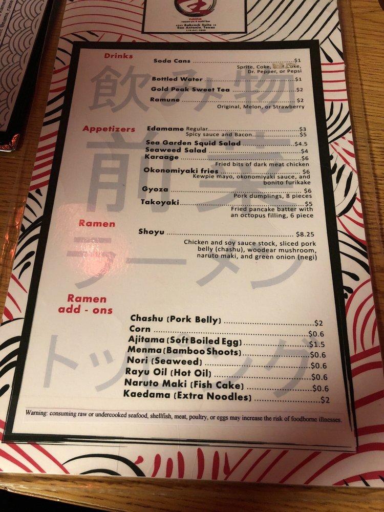 Menu at Nama Ramen restaurant, San Antonio