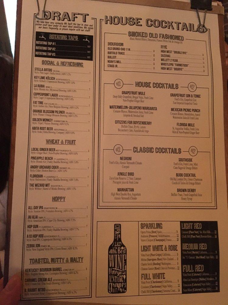 Menu at Park Tavern pub & bar, Delray Beach