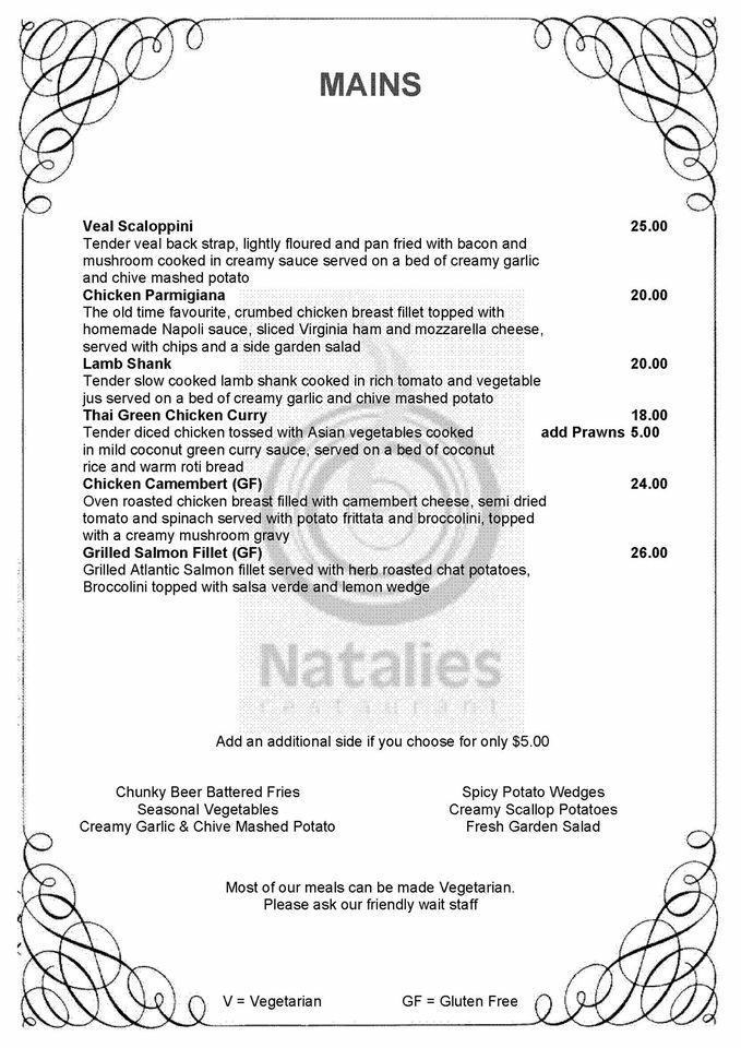 Menu at Natalie's Restaurant & BAR, Mitcham