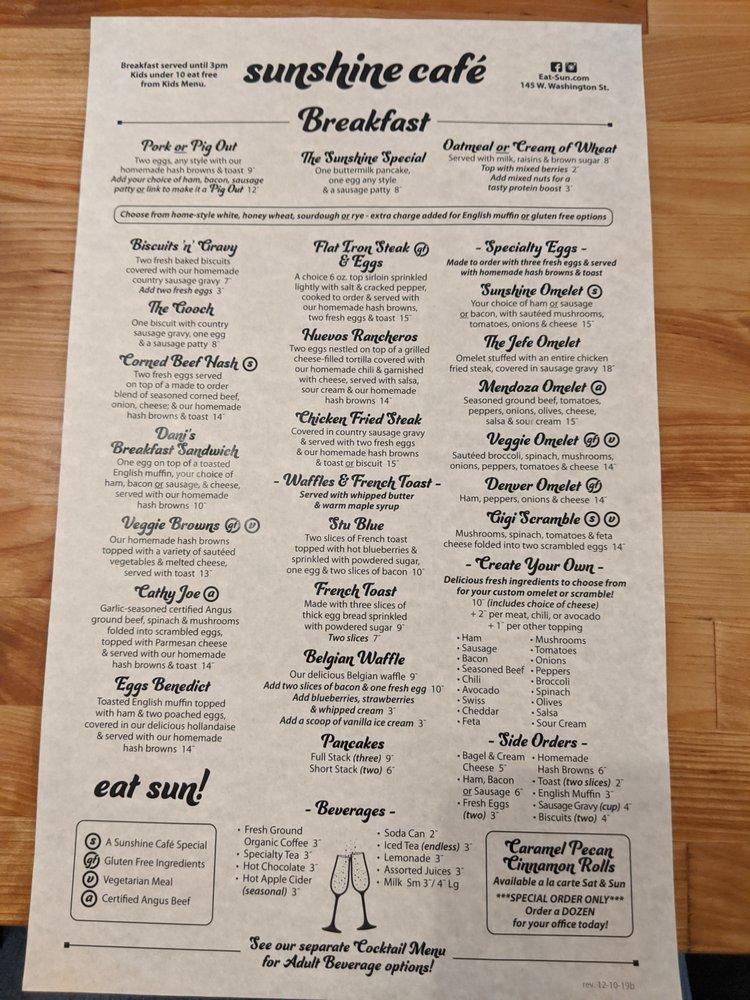 Menu at Sunshine Cafe, Sequim