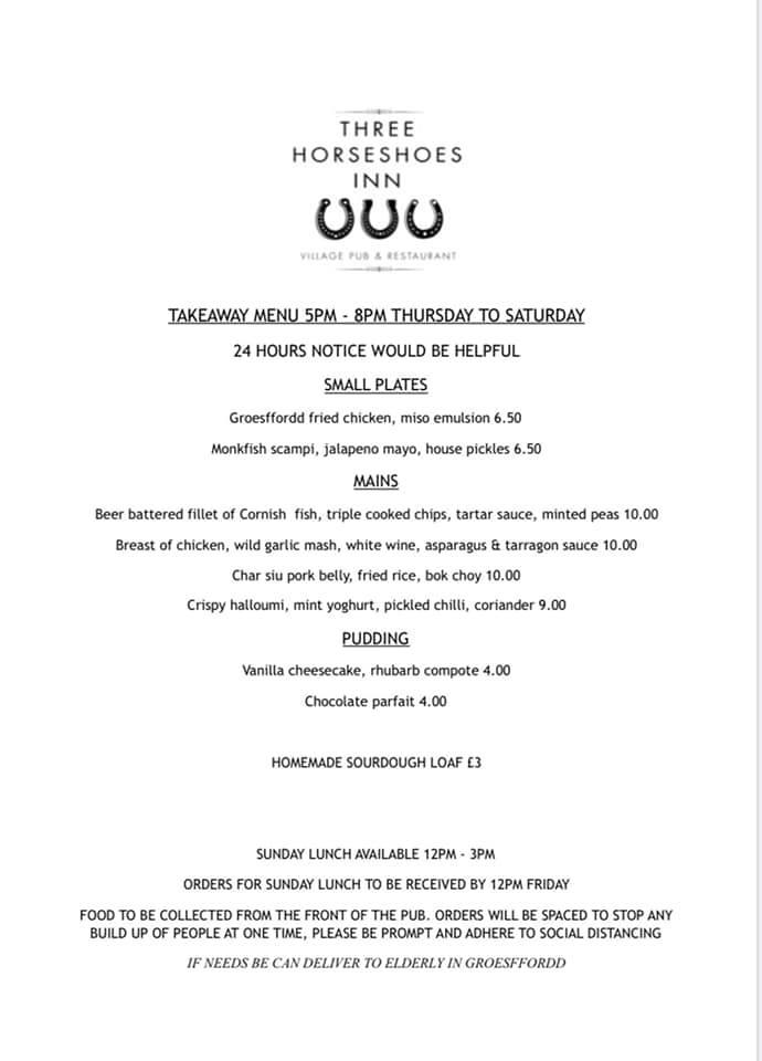 Menu at Three Horseshoes Inn pub & bar, Brecon, Groesfford