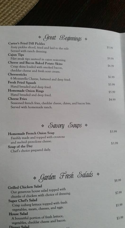 Menu at Carter's Steak & Seafood steakhouse, USA
