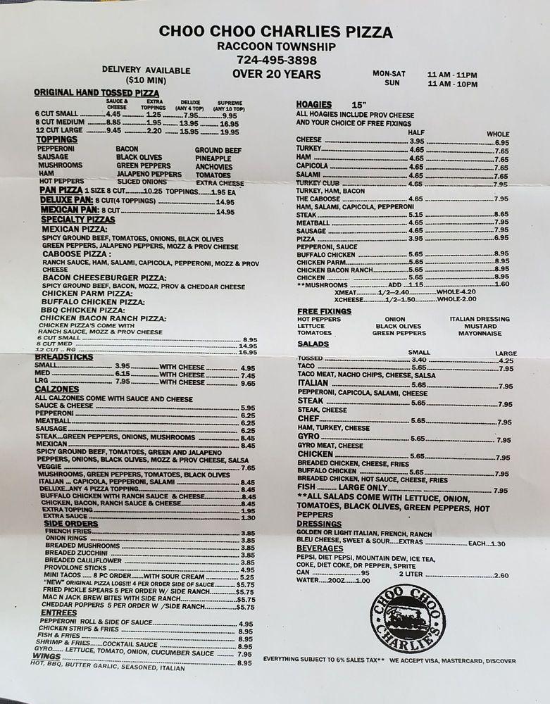 Menu at Choo Choo Charlie's pizzeria, USA
