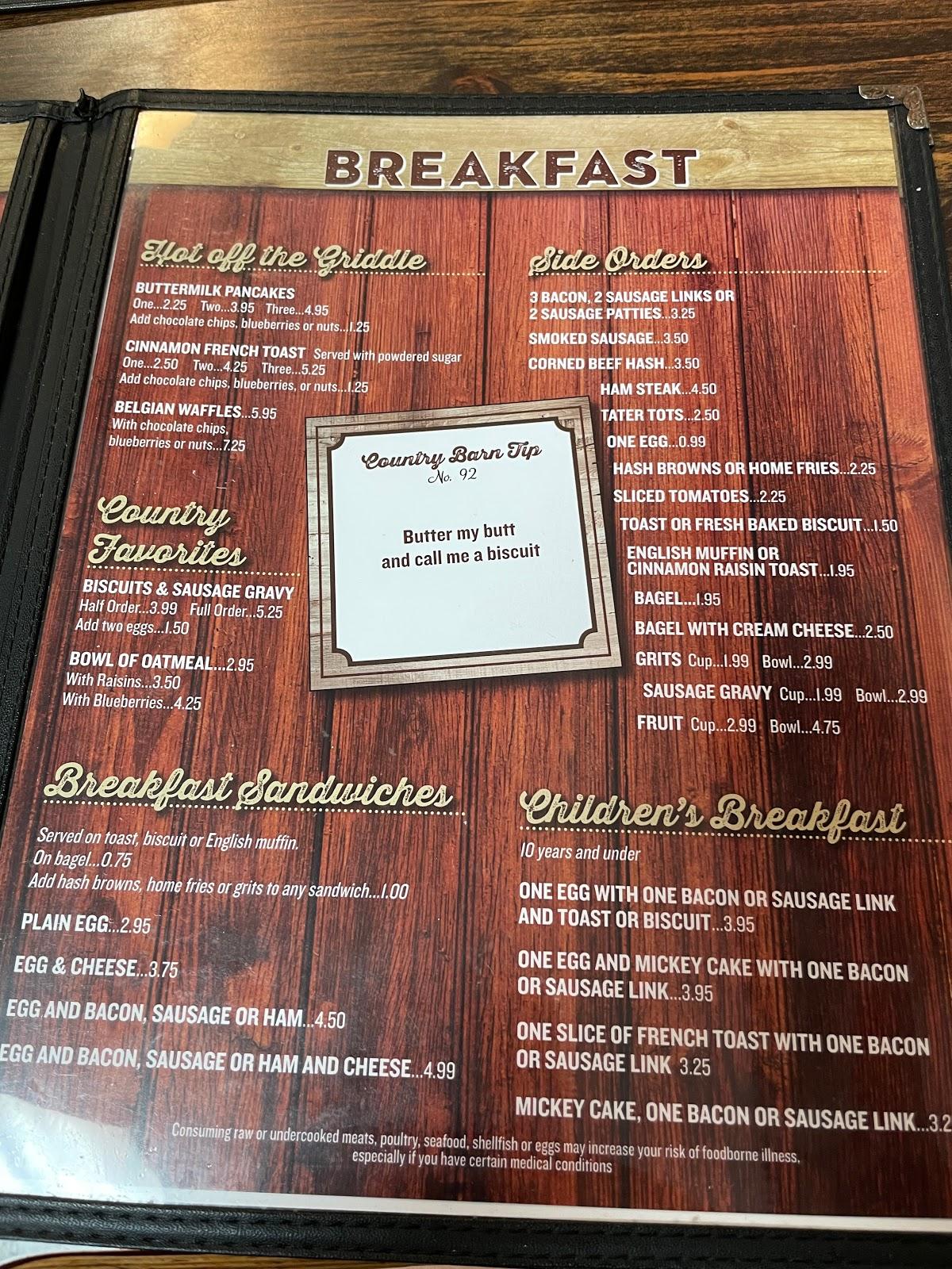 Menu at Country Barn Cafe, Melbourne