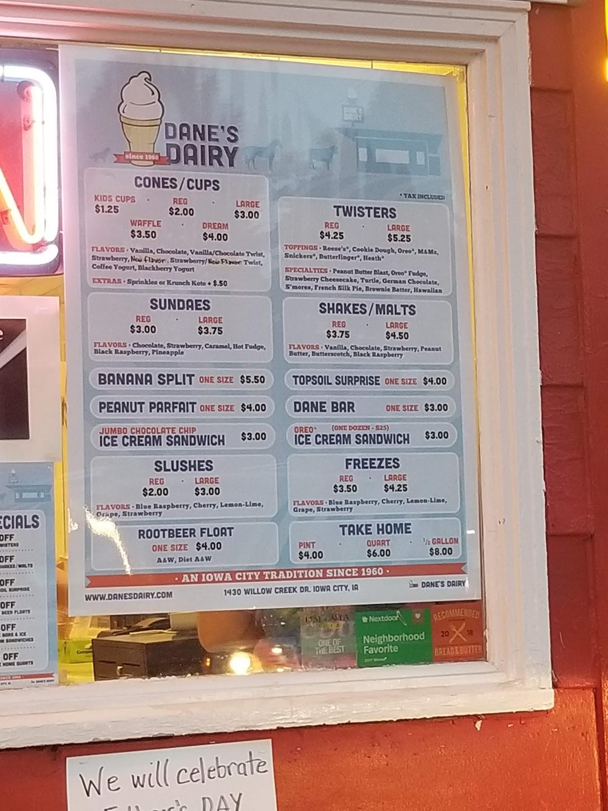 Menu at Dane's Dairy, Iowa City