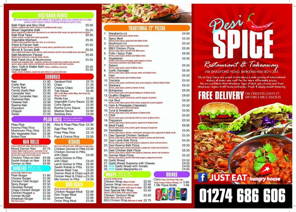 Menu at Desi Spice restaurant, Bradford