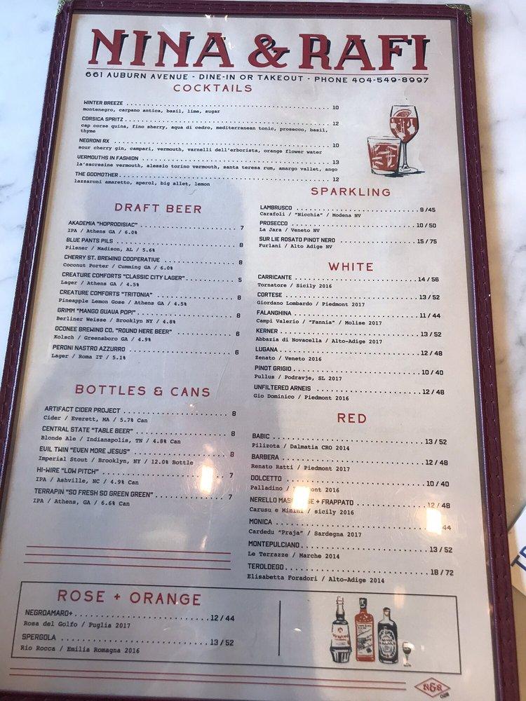 Menu at Nina & Rafi pizzeria, Atlanta
