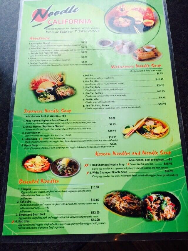 Menu at Noodle California restaurant, Williams Lake