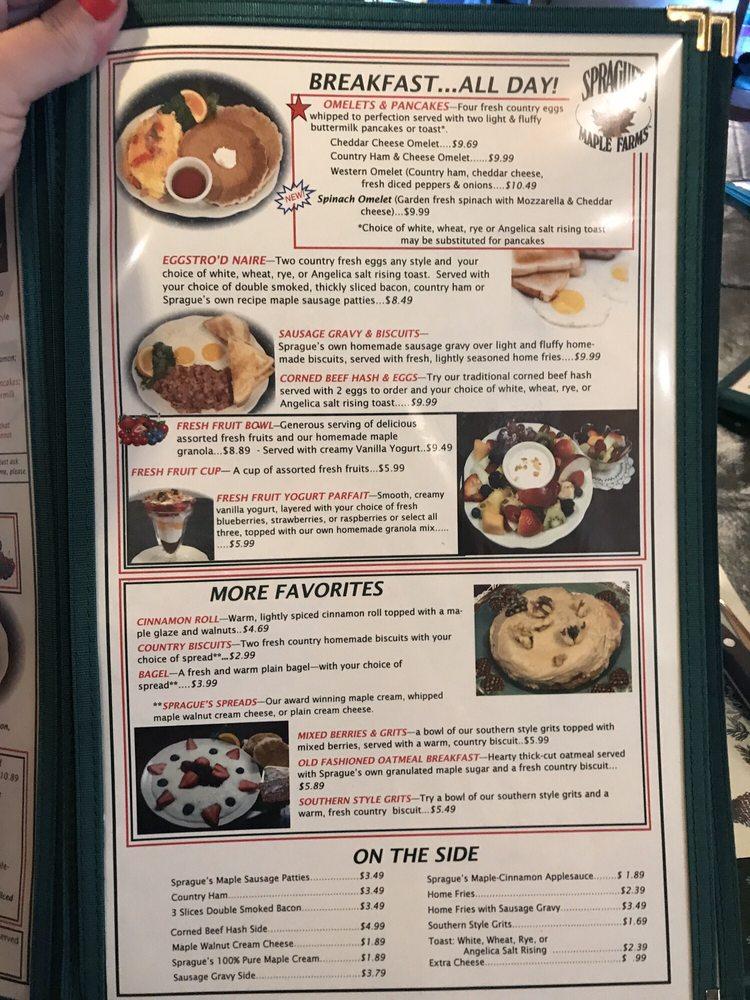Menu at Sprague's Maple Farms restaurant, Portville