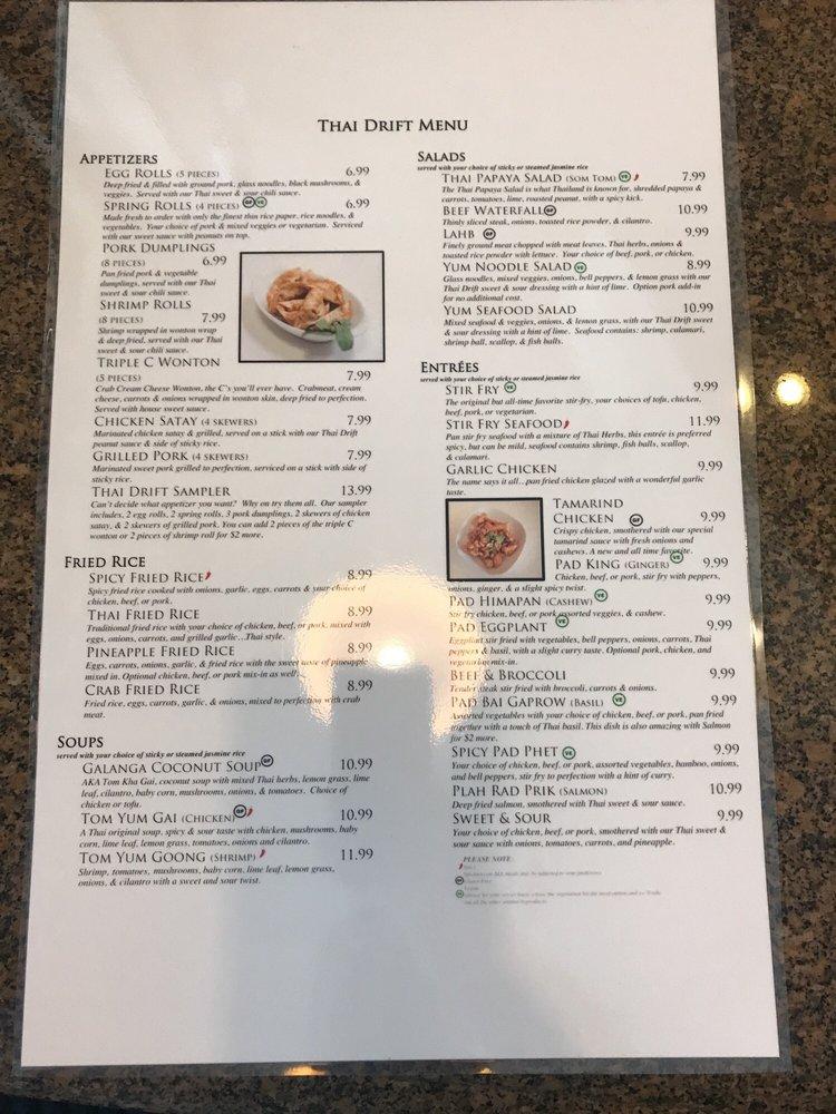 Menu at Thai Drift restaurant, Orem