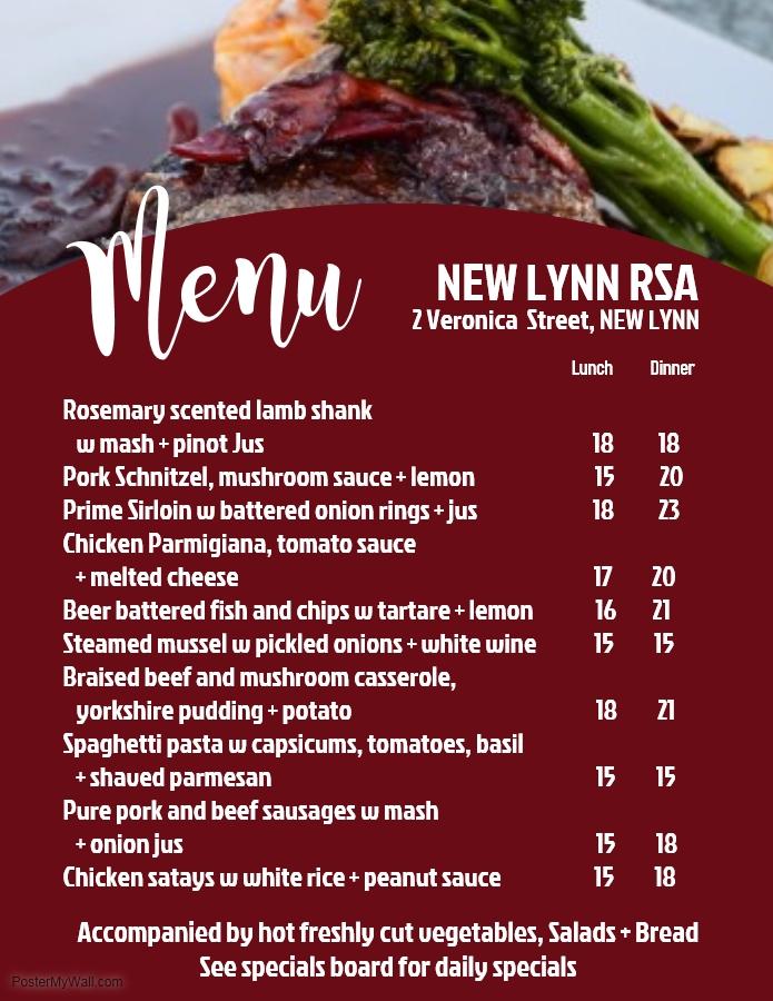 Menu at The Freyberg Restaurant - New Lynn RSA, Auckland
