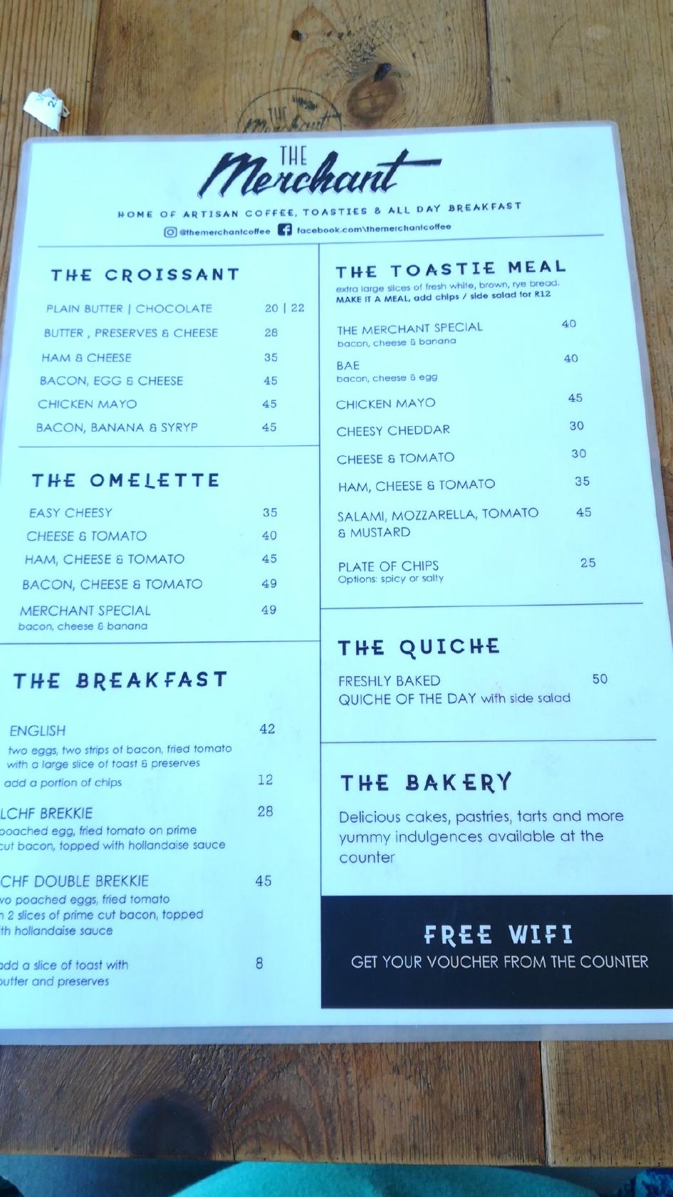 Menu at The Merchant Coffee (Town) cafe, Mossel Bay