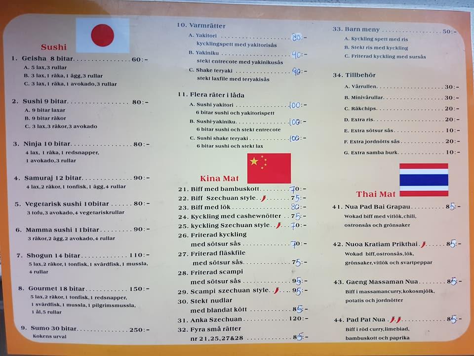 Menu at Akira Ye restaurant, Stockholm