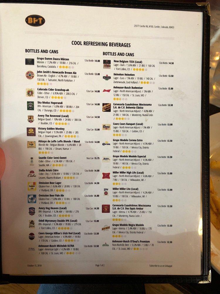 Menu at Brooks Place Tavern pub & bar, Conifer