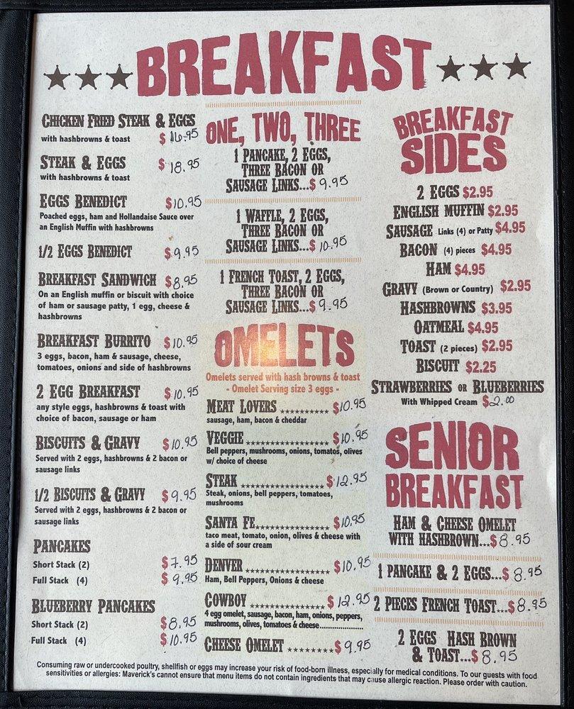 Menu at Maverick's Restaurant, Colville