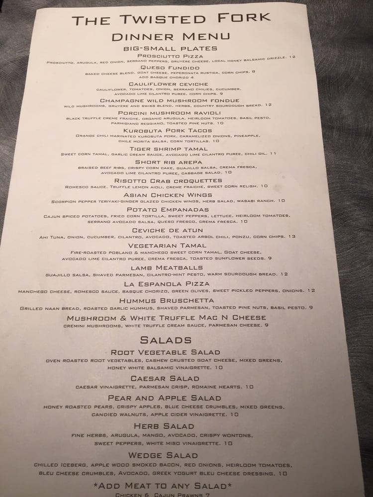 Menu at The Twisted Fork restaurant, Reno