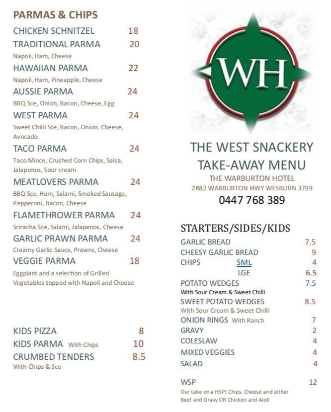 Menu at The Warburton Hotel, Wesburn - Bar & Bistro (The West), Wesburn