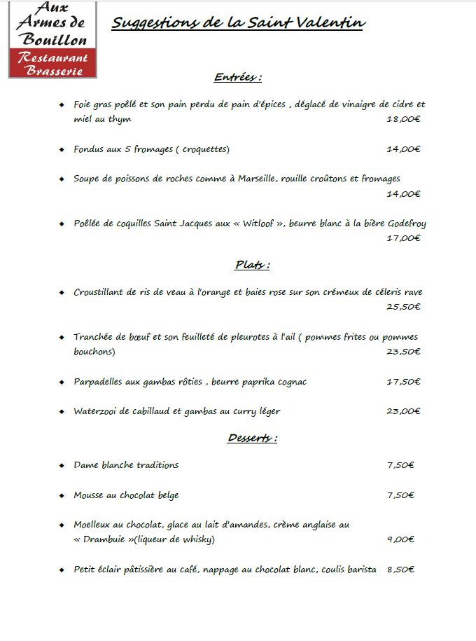 Menu au brasserie Aux Armes de Bouillon, Bouillon