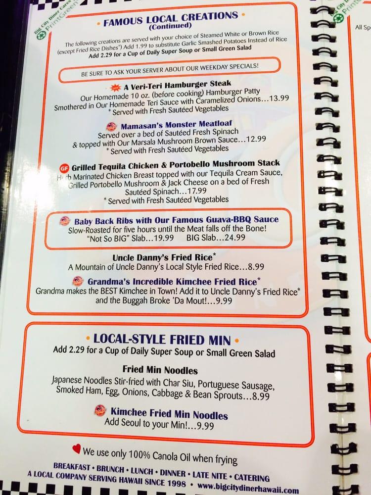 Menu at Big City Diner restaurant, Waipahu, 94-800 Ukeʻe Street #305