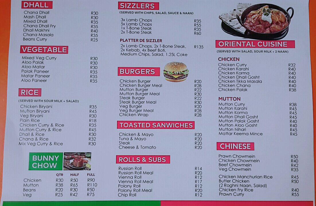 Menu at Bismillah Chicken Tikka & Fast Food, Benoni