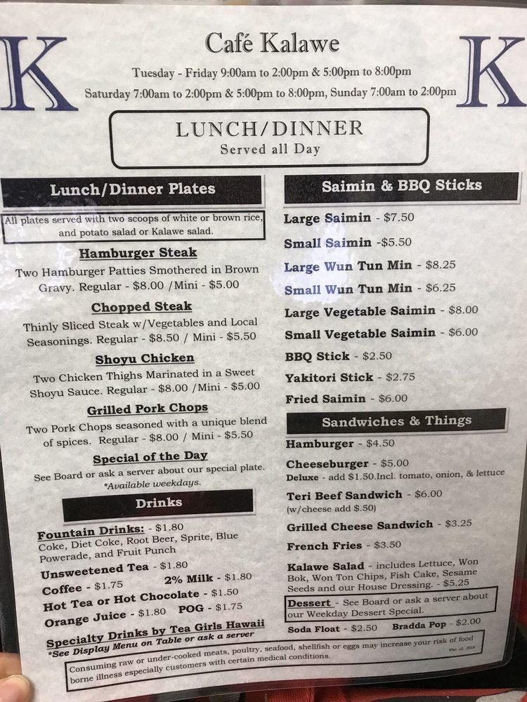Menu at Café Kalawe restaurant, Kaneohe, 45-270 William Henry Rd