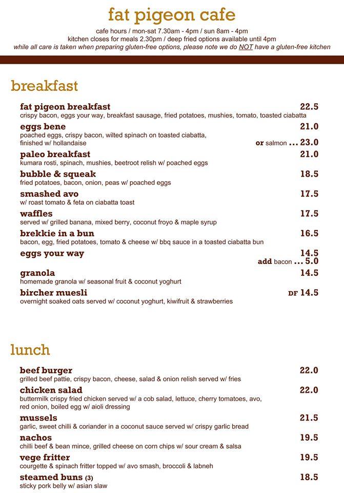 Menu at Fat Pigeon Cafe, Piopio