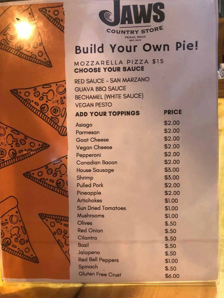 Menu at Jaws Country Store pub & bar, Haiku-Pauwela