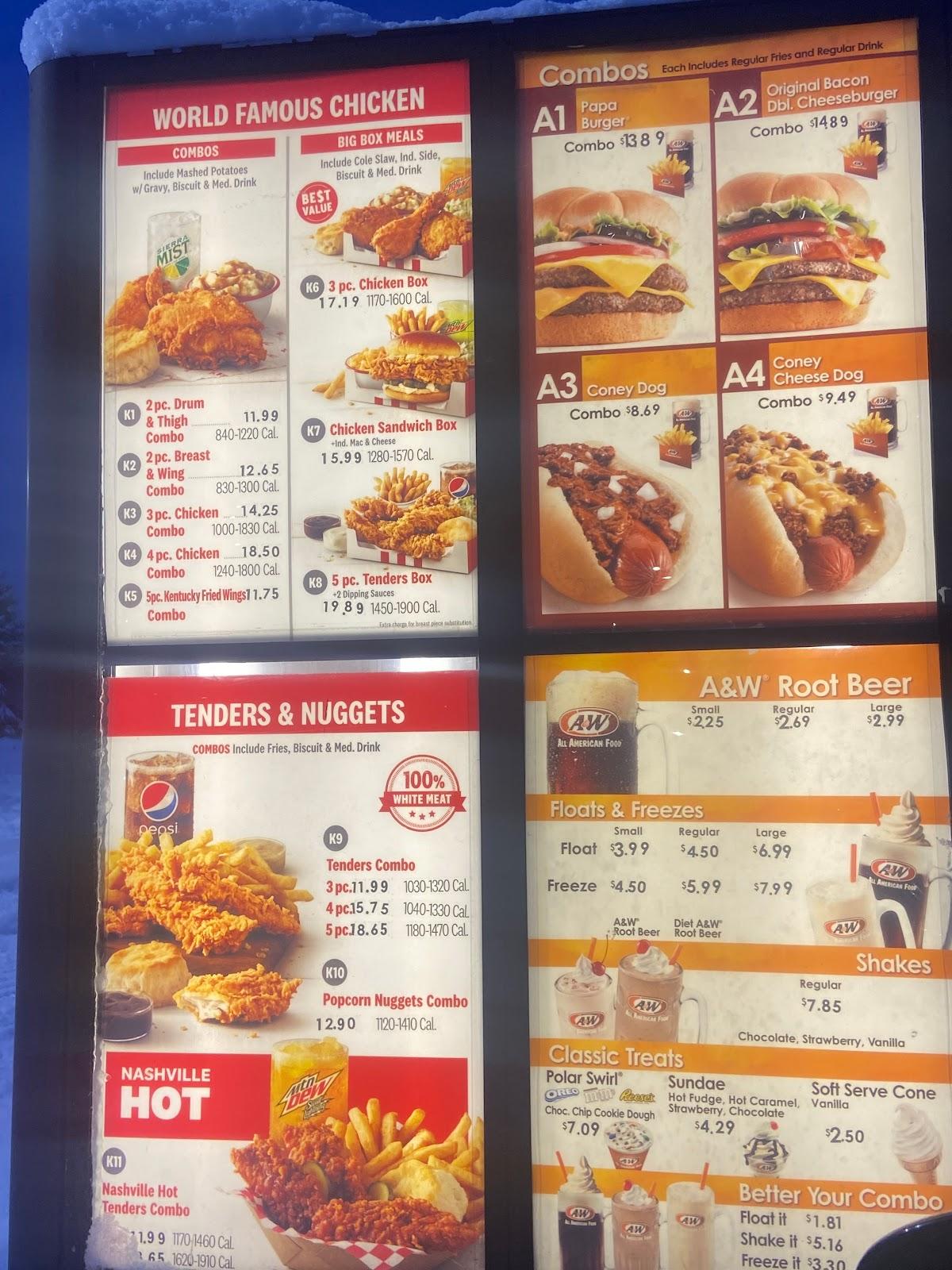 Menu at KFC fast food, Fairbanks, Airport Way