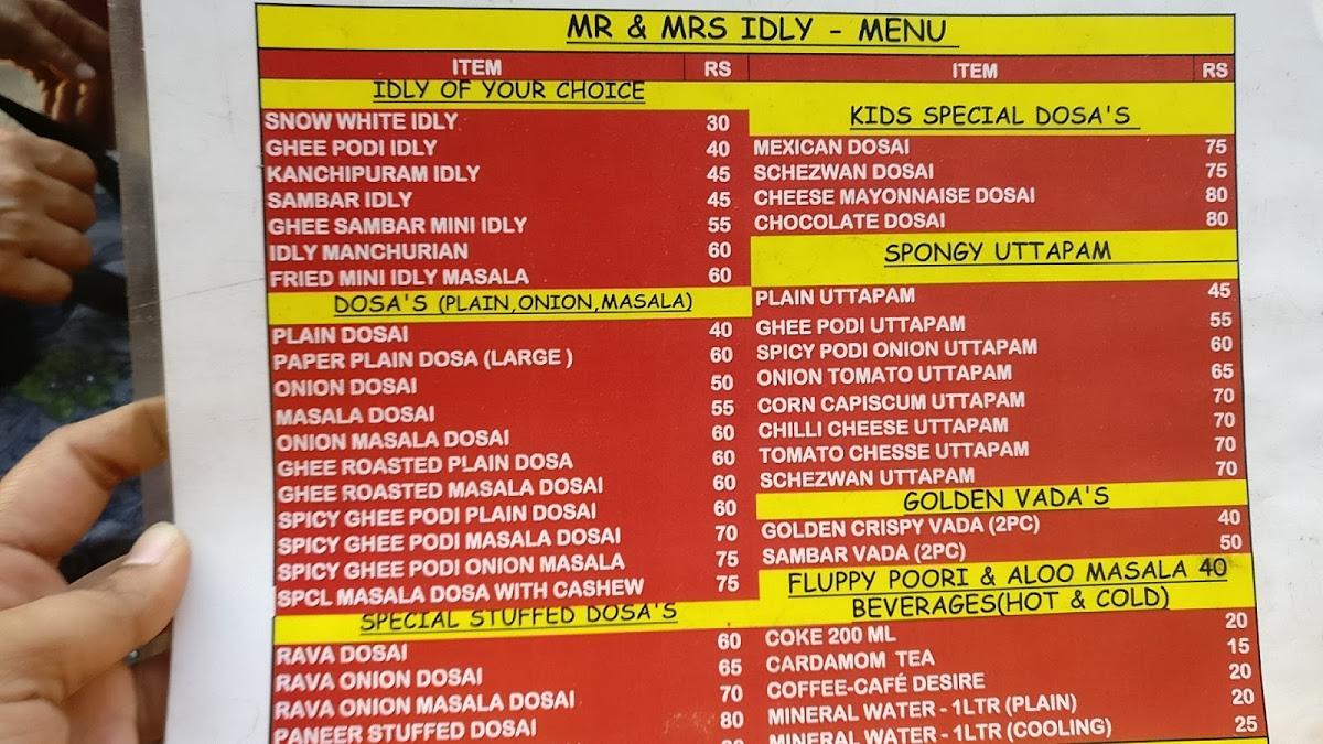 Menu at Mr and Mrs Idly South Indian Restaurant, Visakhapatnam