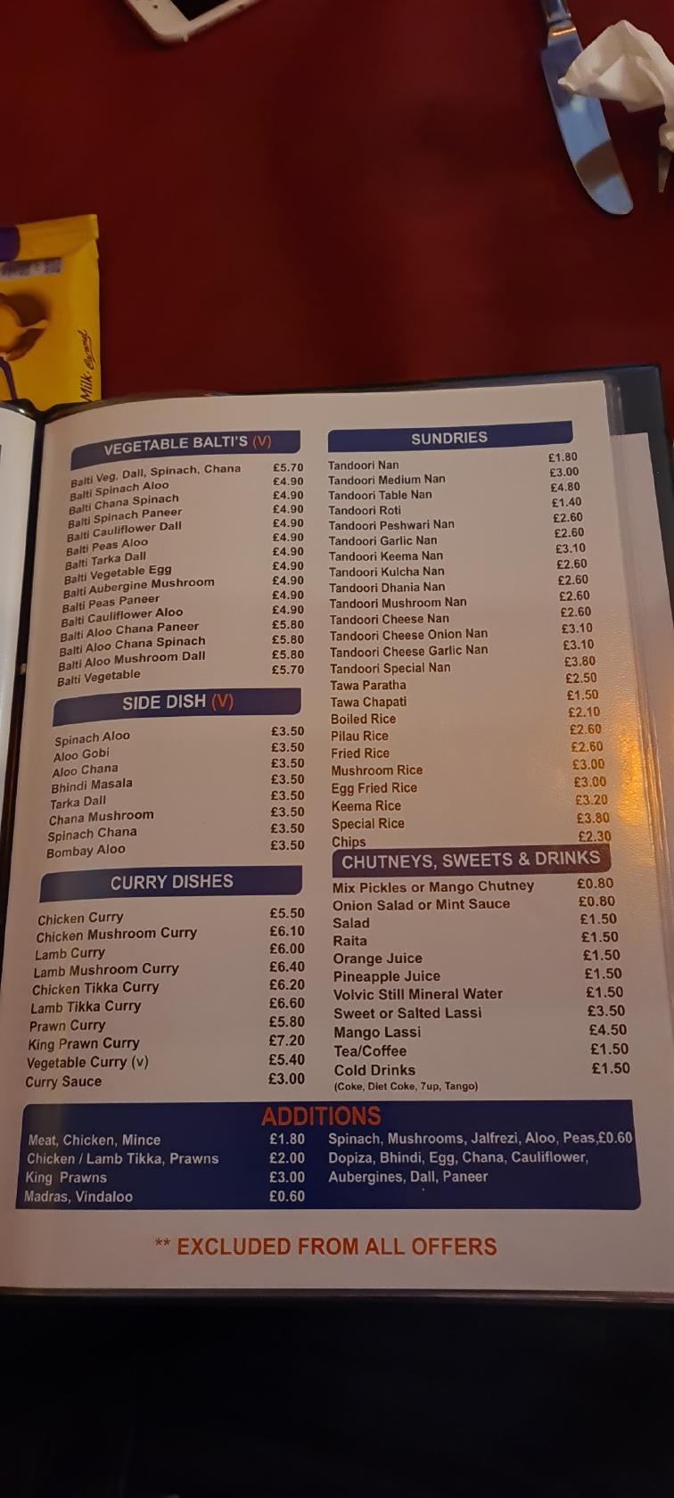 Menu at Soha’s Waterfront Balti restaurant, Brierley Hill