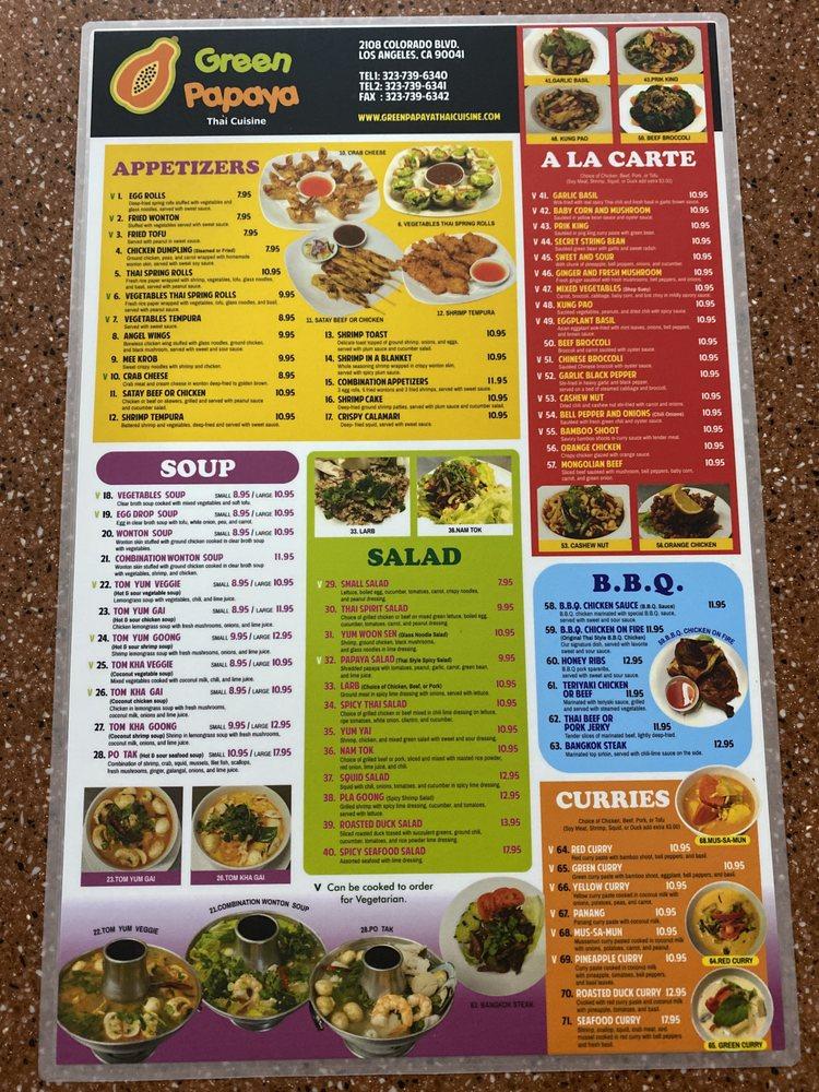 Menu at Green Papaya Thai Cuisine restaurant, Los Angeles