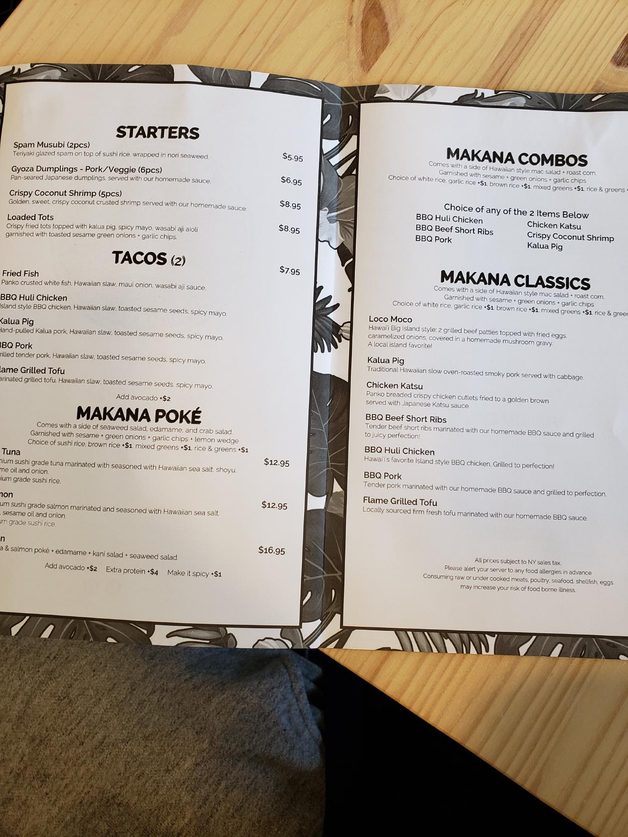 Menu at Makana BBQ, New York City, Amsterdam Ave