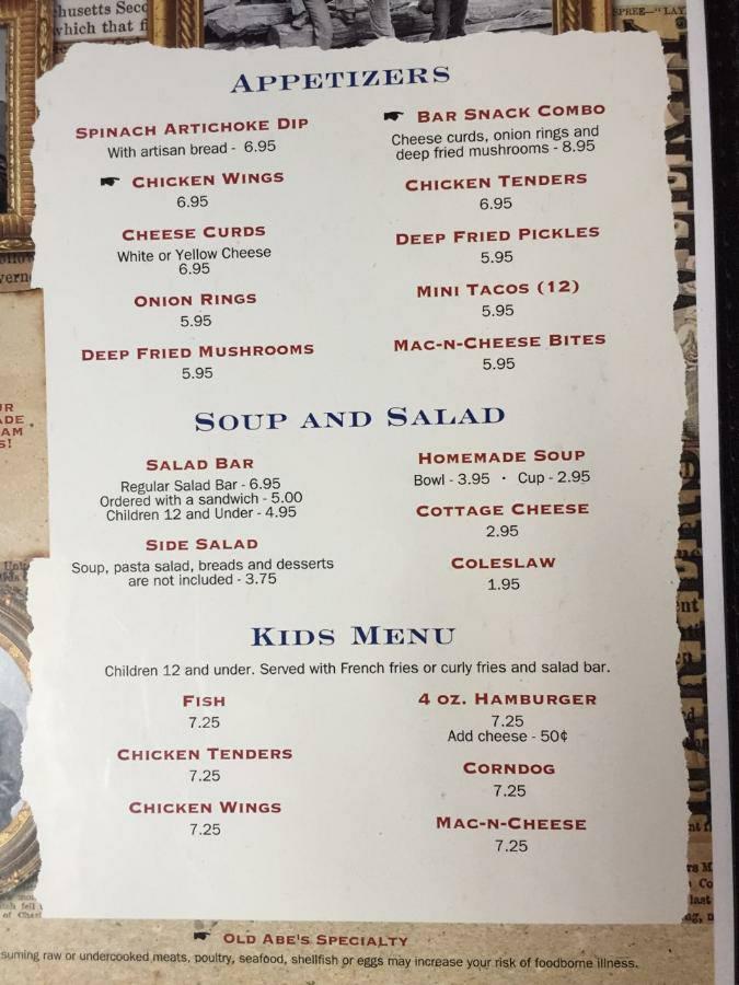 Menu at Old Abe's Supper Club, USA