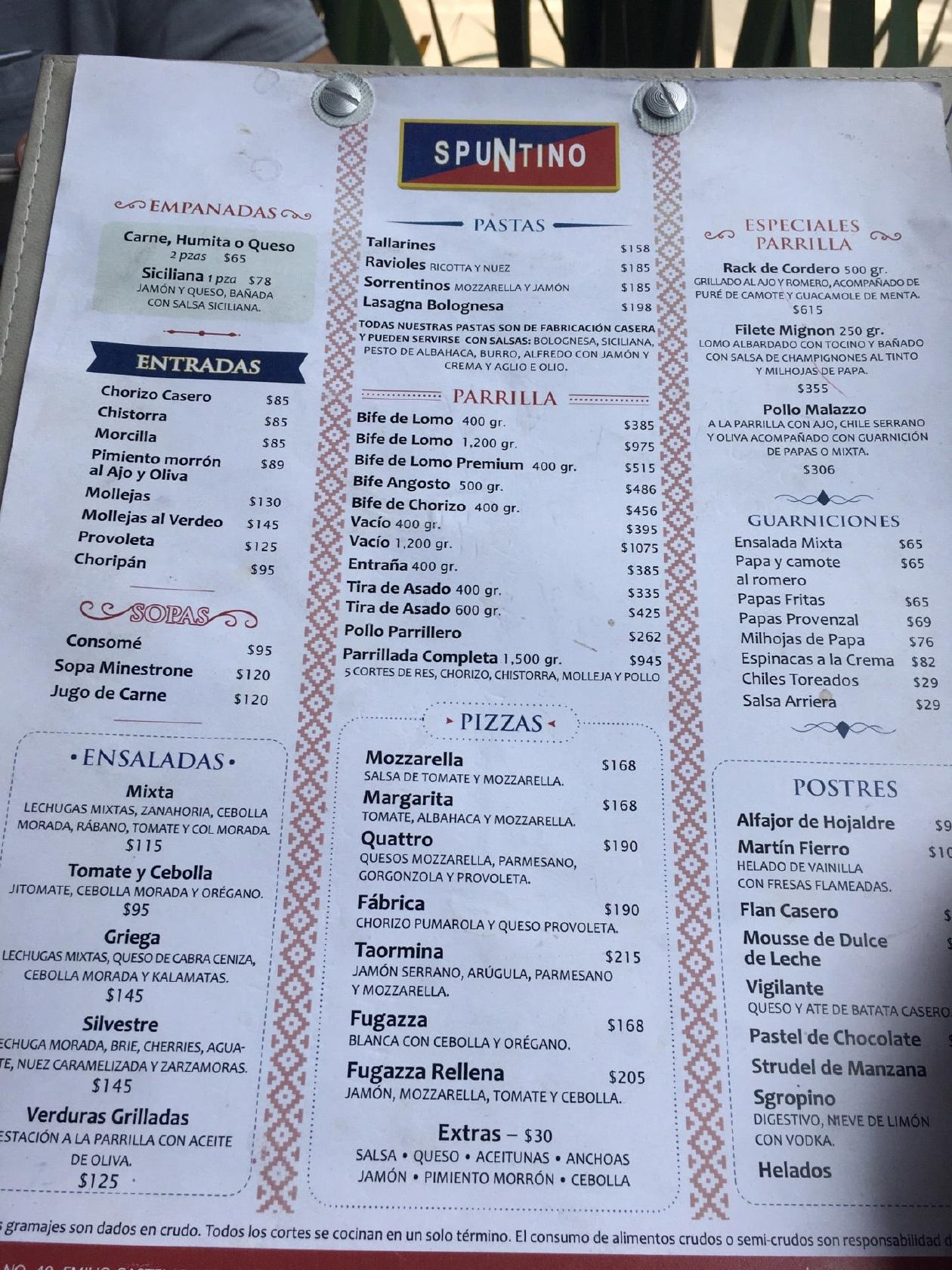 Carta del restaurante Spuntino Polanquito, Ciudad del México, Av ...