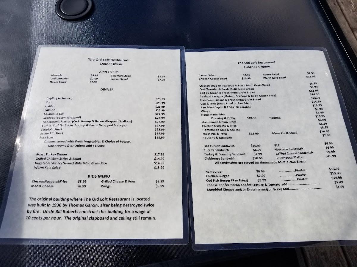 Menu at The Old Loft Restaurant, Bonne Bay, 8 Water St