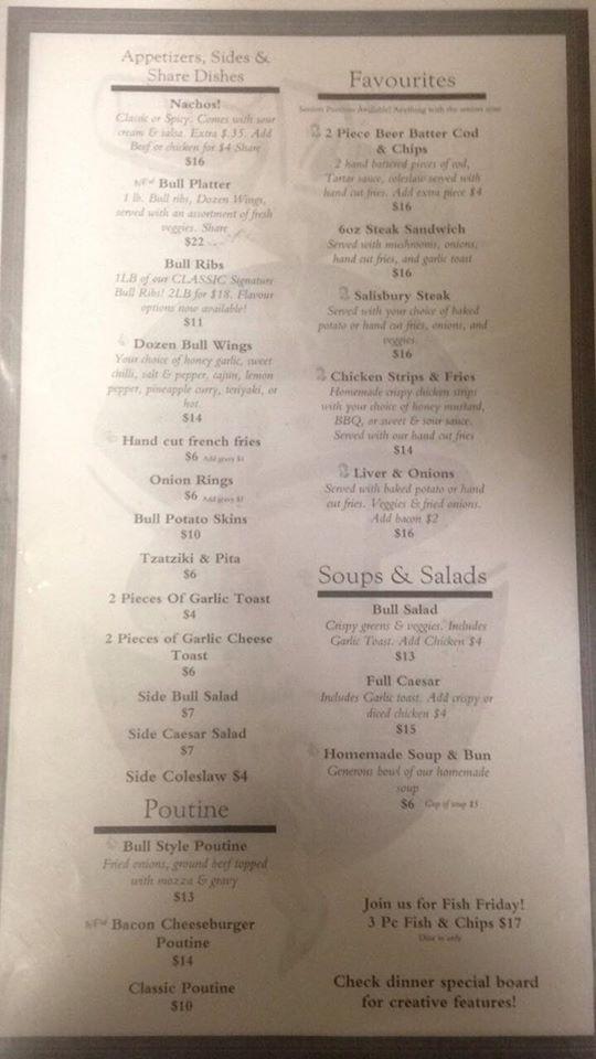 Menu at Black Bull Pub, Kamloops